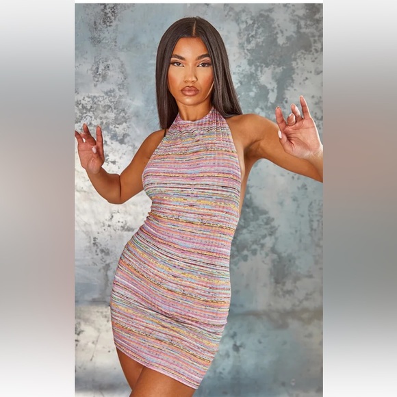 PrettyLittleThing | Dresses | Striped Low Back Halterneck Mini Dress ...